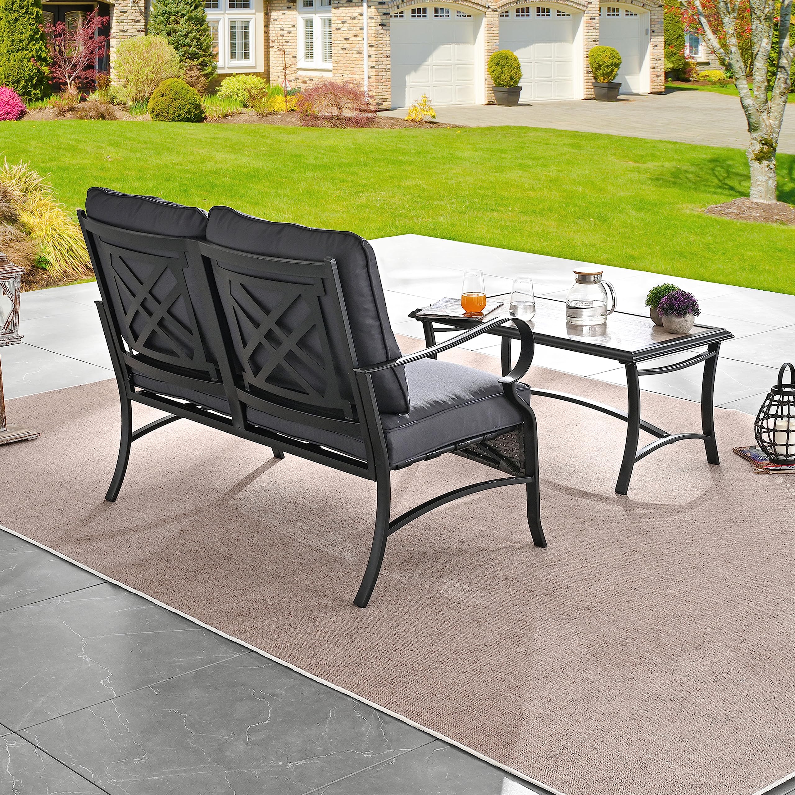 LOKATSE HOME Outdoor Loveseat Set of 2 Patio Furniture Couch with Rectangle Coffee Table, Black&Gray