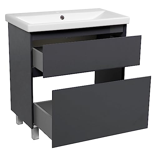 Modern Free Standing Bathroom Vanity with Washbasin | Elit Graphite Gloss Collection | Non-Toxic Fire-Resistant MDF-40-Omega Collection R-line 24"