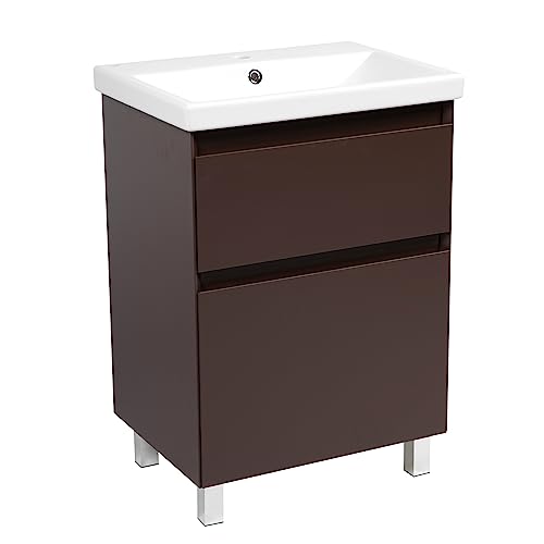 Modern Free Standing Bathroom Vanity with Washbasin | Elit Brown Matte Collection | Non-Toxic Fire-Resistant MDF-40-Omega Collection R-line 24"