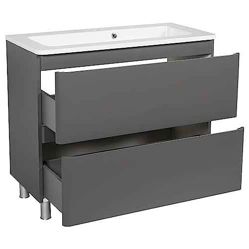 Modern Free Standing Bathroom Vanity with Washbasin | Comfort Gray Matte Collection | Non-Toxic Fire-Resistant MDF-40-No Mirror