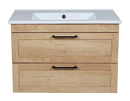 Modern Wall-Mounted Bathroom Vanity with Washbasin | Palm Beach Teak Natural Collection with Side Vanity Cabinet | Non-Toxic Fire-Resistant MDF-64 (12+40+12)-Omega Collection 32"