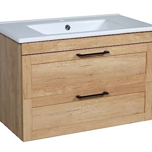 Modern Wall-Mounted Bathroom Vanity with Washbasin | Palm Beach Teak Natural Collection with Side Vanity Cabinet | Non-Toxic Fire-Resistant MDF-64 (12+40+12)-Omega Collection 32"