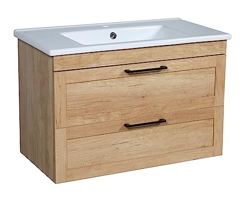 Modern Wall-Mounted Bathroom Vanity with Washbasin | Palm Beach Teak Natural Collection with Side Vanity Cabinet | Non-Toxic Fire-Resistant MDF-64 (12+40+12)-Omega Collection 32"