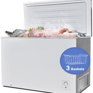 SMETA Deep Freezer, Chest Freezer 10.5 Cubic Feet, Chest 4 Wheels Adjustable Thermostat, Energy Saving for Garage, Kitchen, Office, Meat, Commercial with 3 Baskets, White