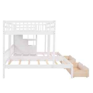 Harper & Bright Designs Triple Bunk Beds with Drawers, Wood Full Over Twin & Twin Bunk Bed with Storage Staircase, Triple Bed for Kids,3 Bed Bunk Beds with Storage for Girls Boys,White