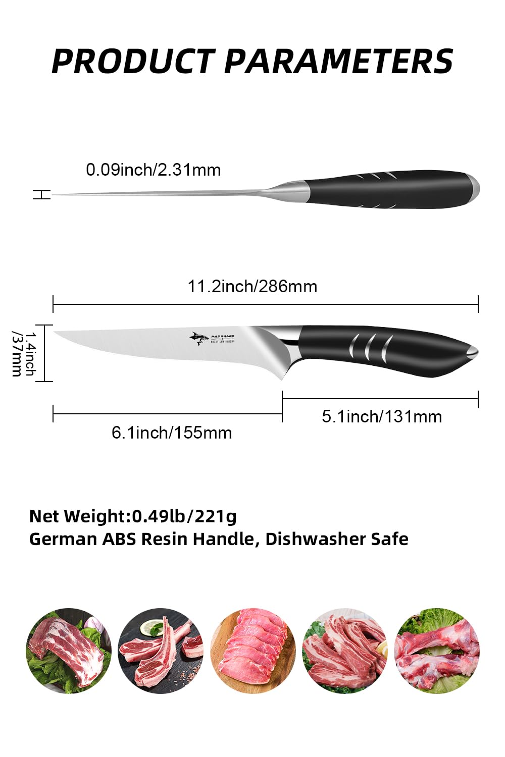 MAD SHARK Boning Knife 6 Inch, Razor Sharp German Molybdenum-vanadium Steel Butcher Knife for Meat Cutting, Deboning Knife, Brisket Meat Trimming Knife, Fish Fillet Knife, Bone Knife