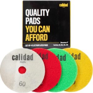 calidad 4" electroplated diamond polishing pad set for perfect finishing of tile & porcelain. professional pads for angle grinders. expertly designed for dry/wet applications. grits 60-100-200-400