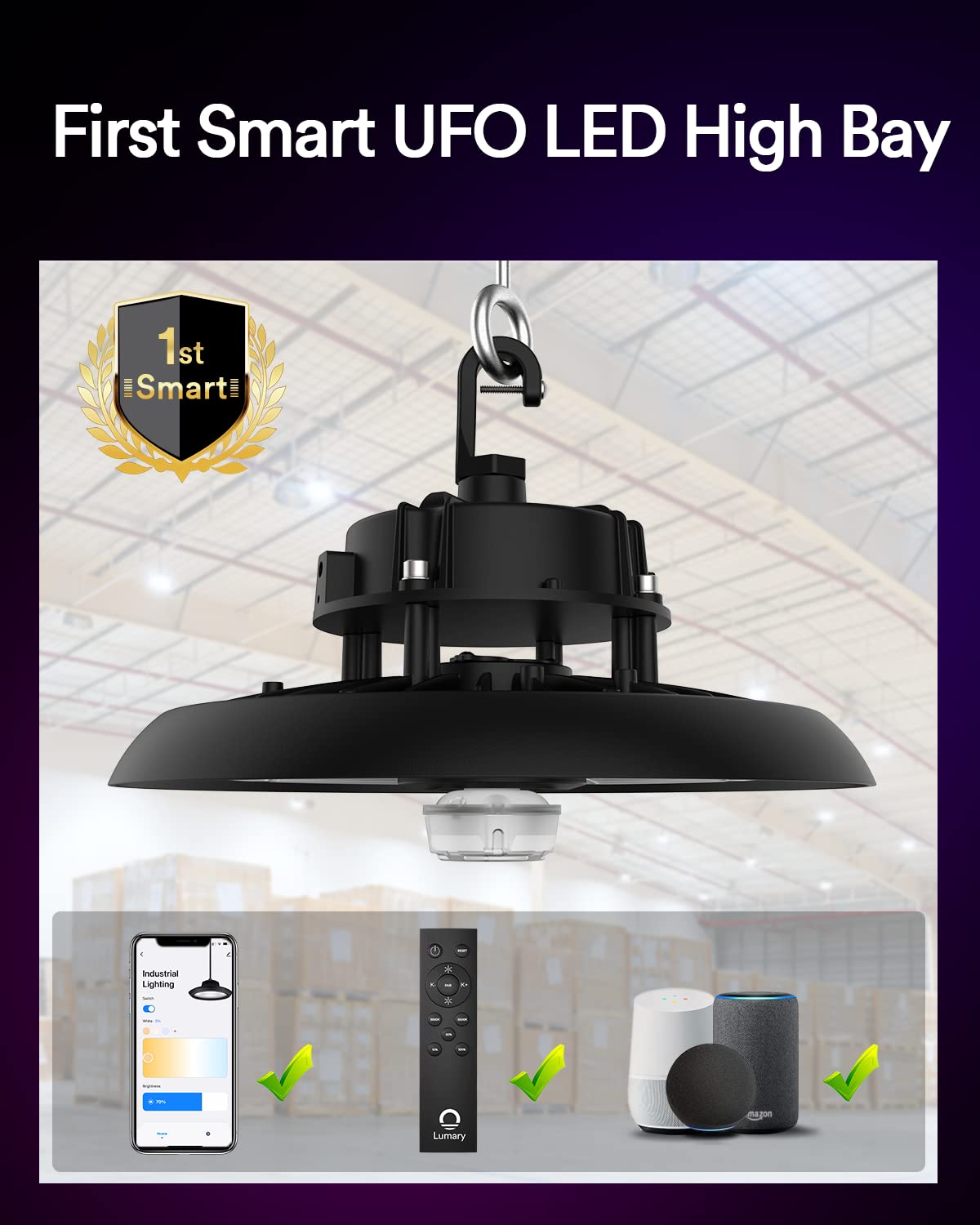 Lumary 22,000Lm Smart Aluminium UFO LED High Bay Light w/Remote, 2700K-6500K Dimmable 150W, Work with Alexa/Google - Hub Required, LED Shop Lights for Hanging Garage Workshop Factory Gym Barn