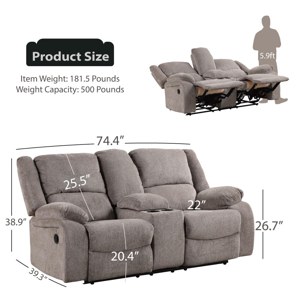 24/7 Shop at Home Joe Transitional Oversized Nursery Glider Chairs for Adults, Manual Comfy Reading Couch, Overstuffed Reclining Sofa, Adjustable Theater, Living Room, 2-Seat, Gray