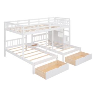 Harper & Bright Designs Triple Bunk Beds with Drawers, Wood Full Over Twin & Twin Bunk Bed with Storage Staircase, Triple Bed for Kids,3 Bed Bunk Beds with Storage for Girls Boys,White