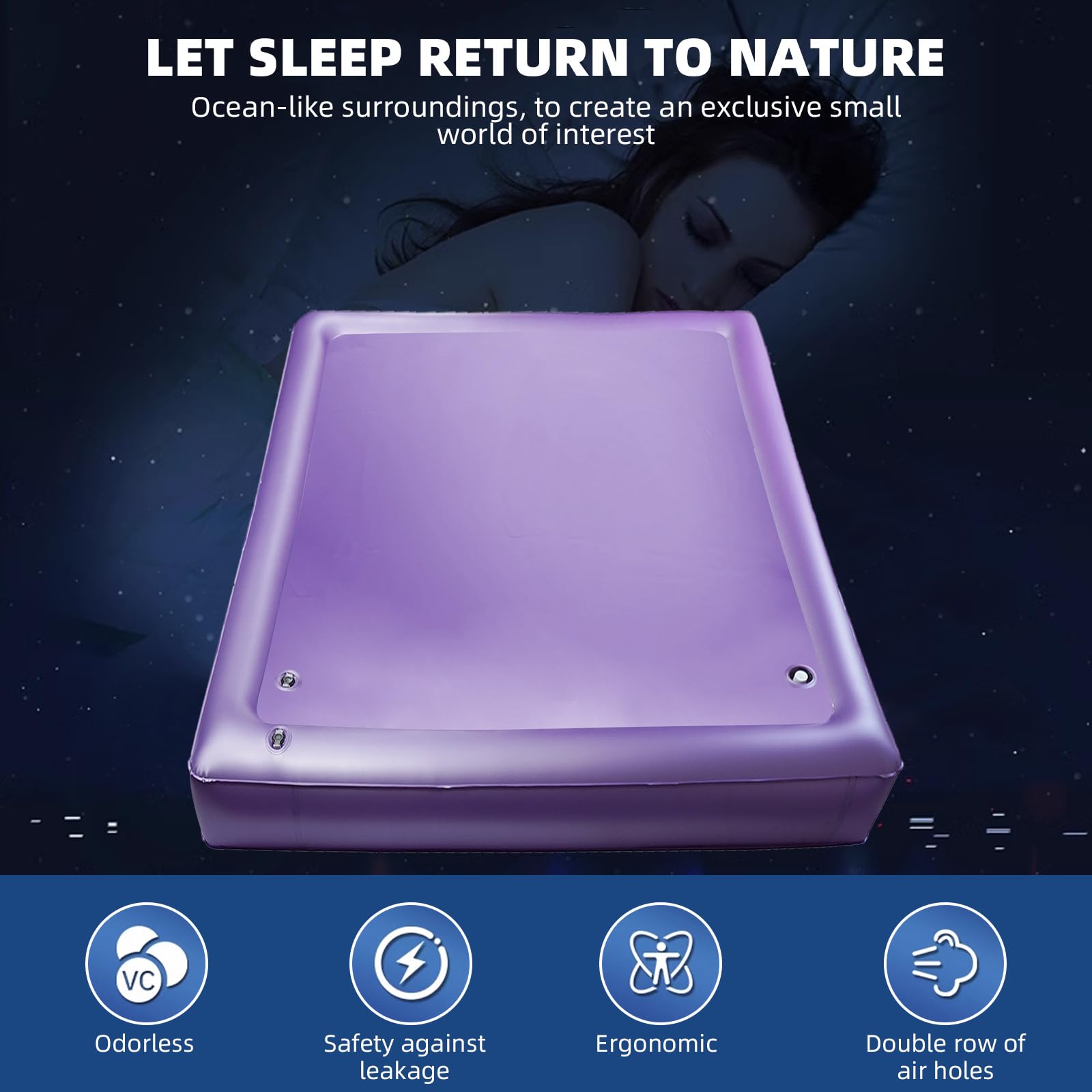 Free Flow Full Wave Water Bed Mattress - PVC Square Purple Softside Water Bed, Comfortable and Foldable Water Mattress Set for The Elderly, Children and Adults (California King, 72×84x7.9inch)