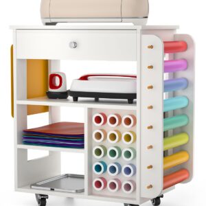 Rolling Craft Cart and Storage Table for Cricut - VDamu Vinyl Roll Holder and Craft Room Organizer