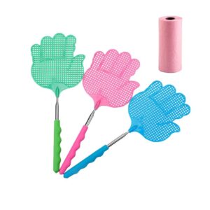 3 pack extendable fly swatter stainless steel hand fly swatters with rubber handle (green, pink, blue)