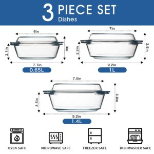 NUTRIUPS Round Glass Casserole Dish Set, Glass Casseroles Cookware with Glass Lid, Glass Casserole Dish With Lid(Set of 3-0.65L+1L+1.4L)