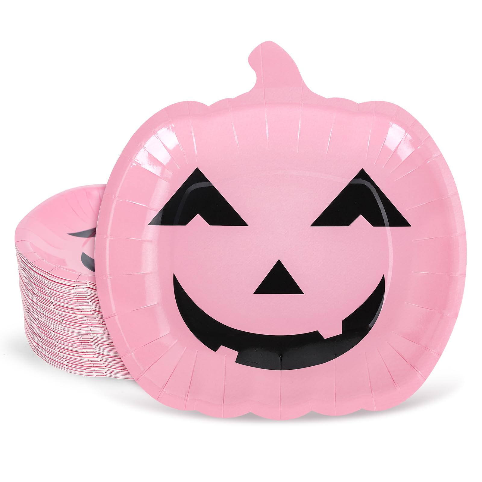 Whaline 40Pcs Halloween Paper Plates Pink Pumpkin Shaped Disposable Plates Cute Grimace Pumpkin Pattern Decorative Plates for Halloween Holiday Birthday Party Baby Shower Dinner Tableware Supplies