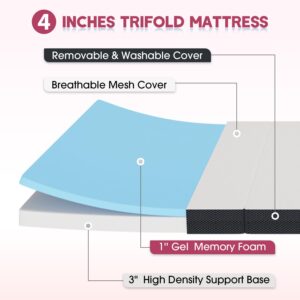 4 inch Memory Foam Tri Folding Mattress/Portable Foldable Mattress Topper with Washable Cover Non-Slip Bottom for Camping, Guest, Floor RV, CertiPUR-US Certified, Queen