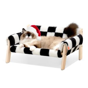 mewoofun cat couch bed, pet sofa for indoor cats wooden indoor elevated cat beds with removable mattress cover suitable for kitty, puppy or small animal (chessboard, medium)