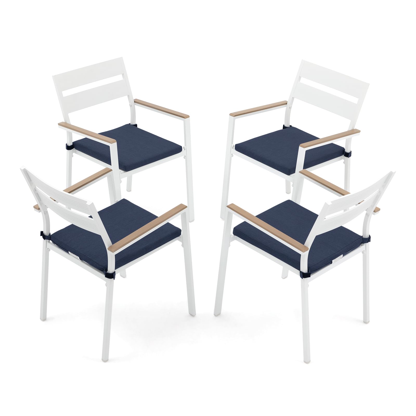 JOIVI Patio Aluminum Chairs Set of 4, Outdoor Stackable Dining Chairs with Armrest and Cushions for Outside Lawn, Garden, Backyard, Indoor Kitchen, Navy Blue