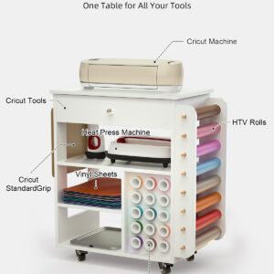 Rolling Craft Cart and Storage Table for Cricut - VDamu Vinyl Roll Holder and Craft Room Organizer