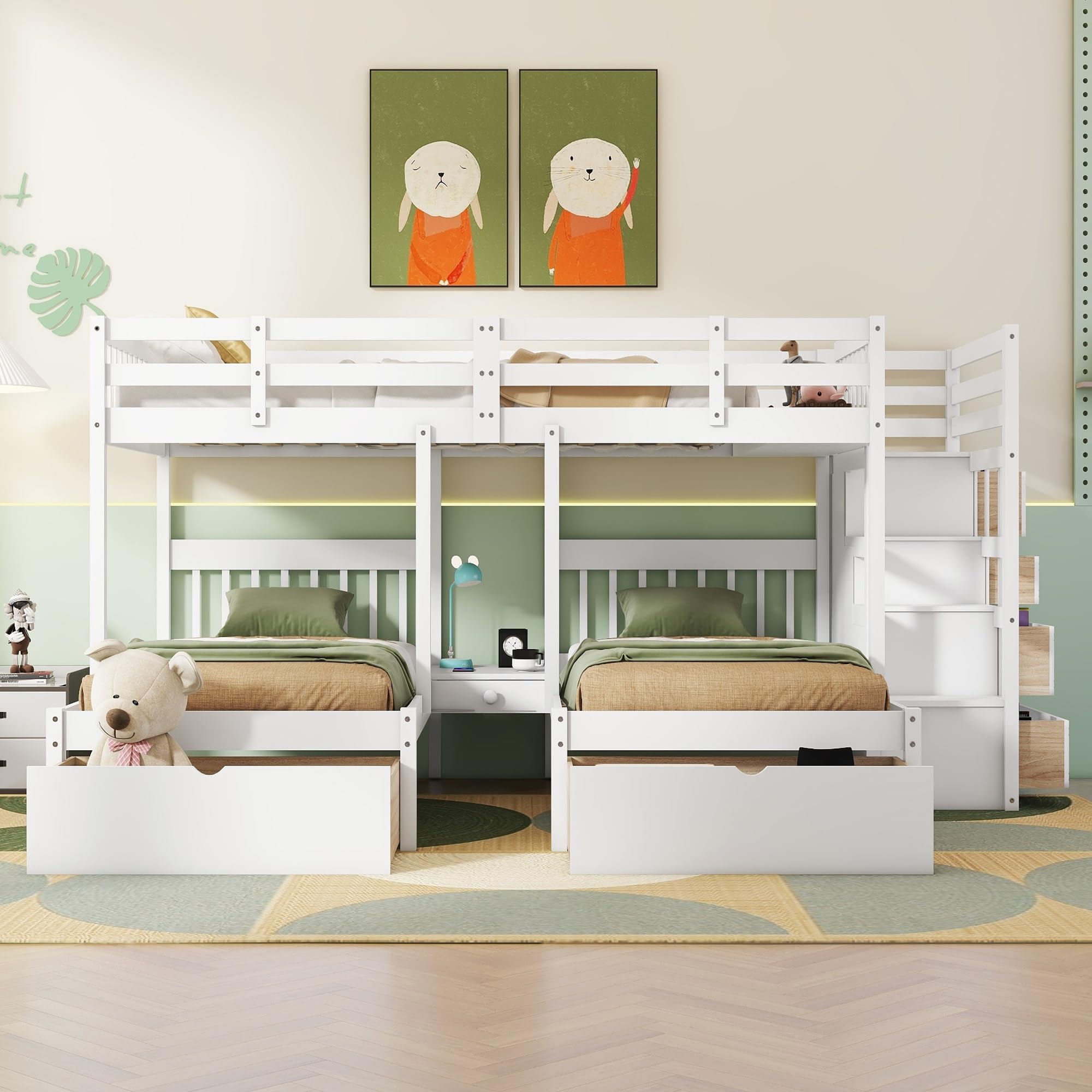 Harper & Bright Designs Triple Bunk Beds with Drawers, Wood Full Over Twin & Twin Bunk Bed with Storage Staircase, Triple Bed for Kids,3 Bed Bunk Beds with Storage for Girls Boys,White