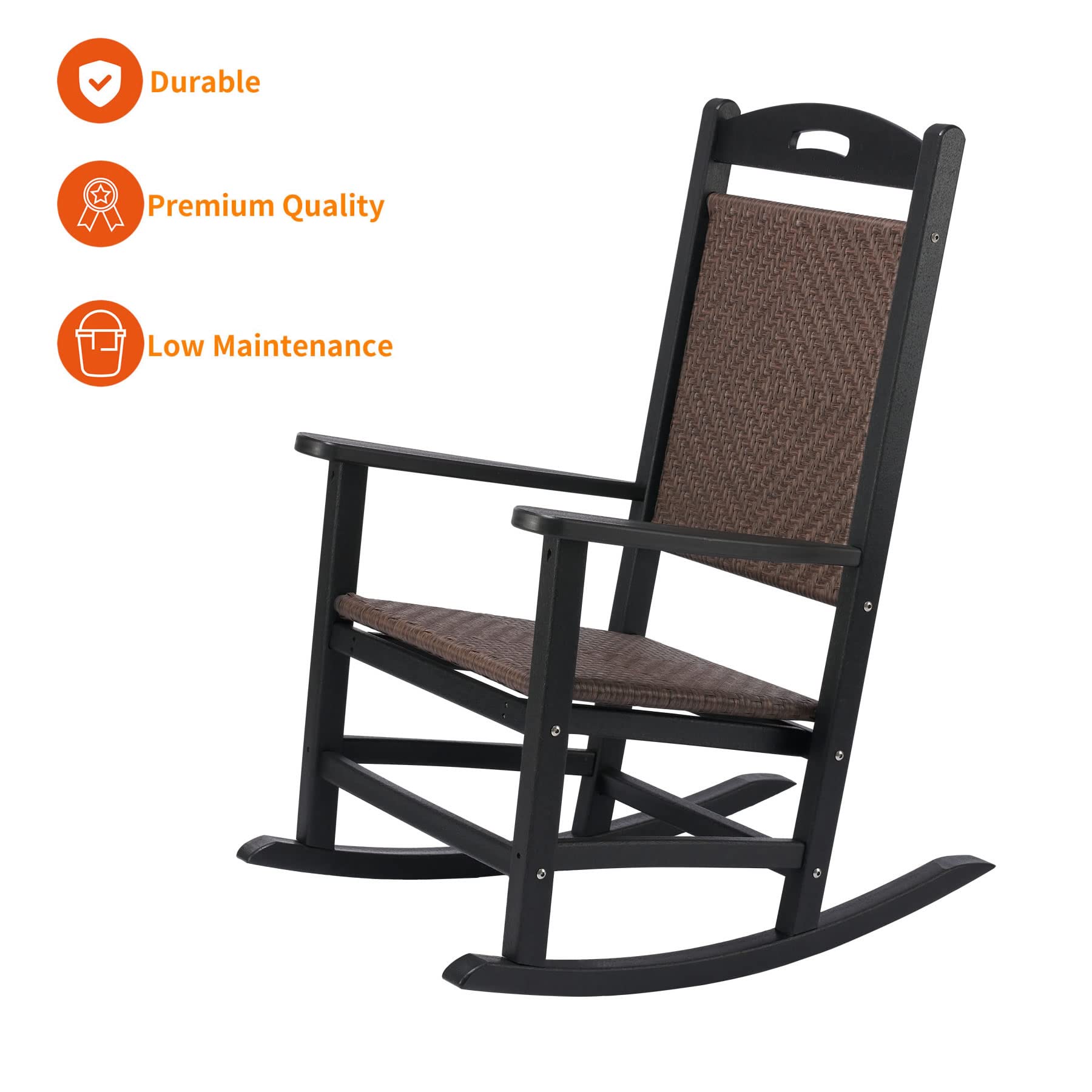 Adiromoti Patio Rocking Chair Set of 3 Rattan High Back Rocking Chair Side Table Weather Resistant HDPE Outdoor Rocking Chair Furniture for Porch Garden Backyard Campfire Firepit Weatherproof (Black)