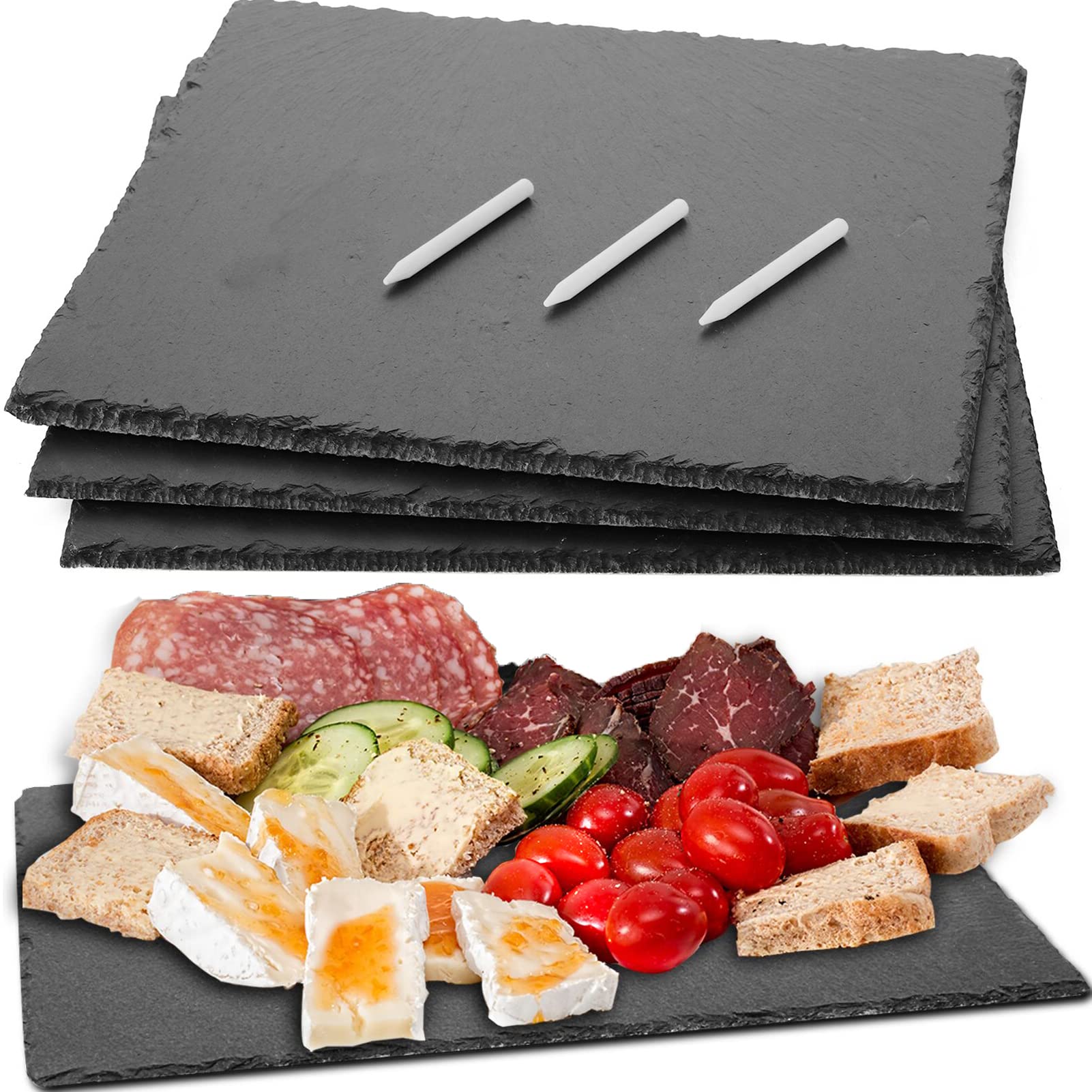 MAPRIAL 12 x 10 In 4 Pack Slate Cheese Boards, Black Stone Plates Charcuterie Board Gourmet Serving Tray Cheese Platter Display Chalkboard with Soapstone Chalk for Sushi, Party, Gifts, Meat, Appetizer