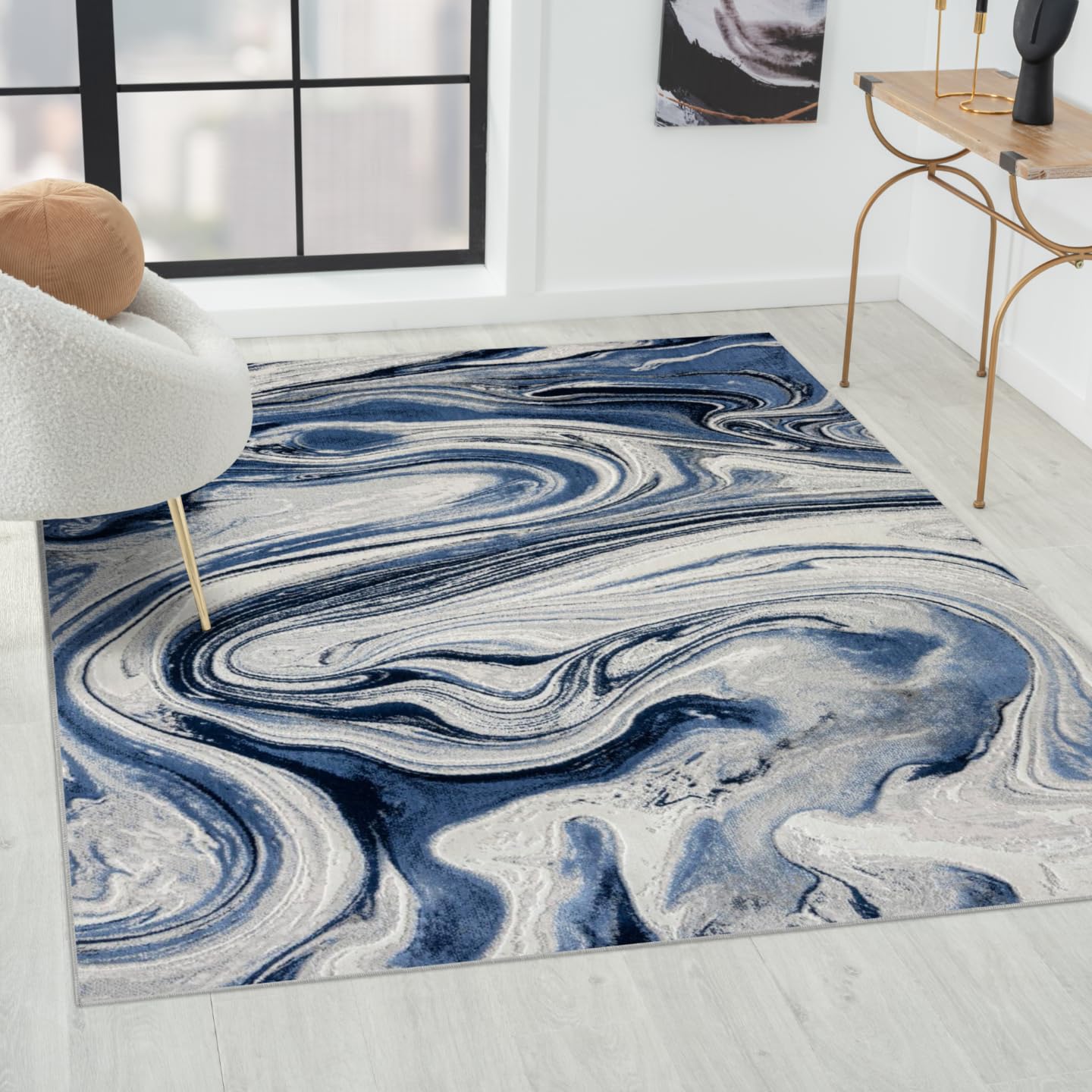 LUXE WEAVERS Modern Abstract Marble Swirl Blue 5x7 Area Rug