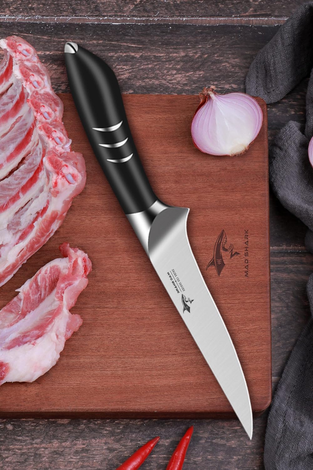 MAD SHARK Boning Knife 6 Inch, Razor Sharp German Molybdenum-vanadium Steel Butcher Knife for Meat Cutting, Deboning Knife, Brisket Meat Trimming Knife, Fish Fillet Knife, Bone Knife