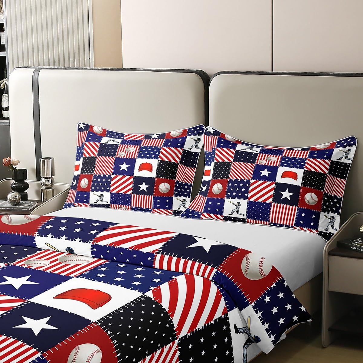 Castle Fairy Baseball Theme 100% Cotton Duvet Cover,Red Blue Geometric Stripe Check Breathable Comforter Cover,American Flag Stars Pattern Bedding Set 3 Pcs with Zipper Closure Queen Size