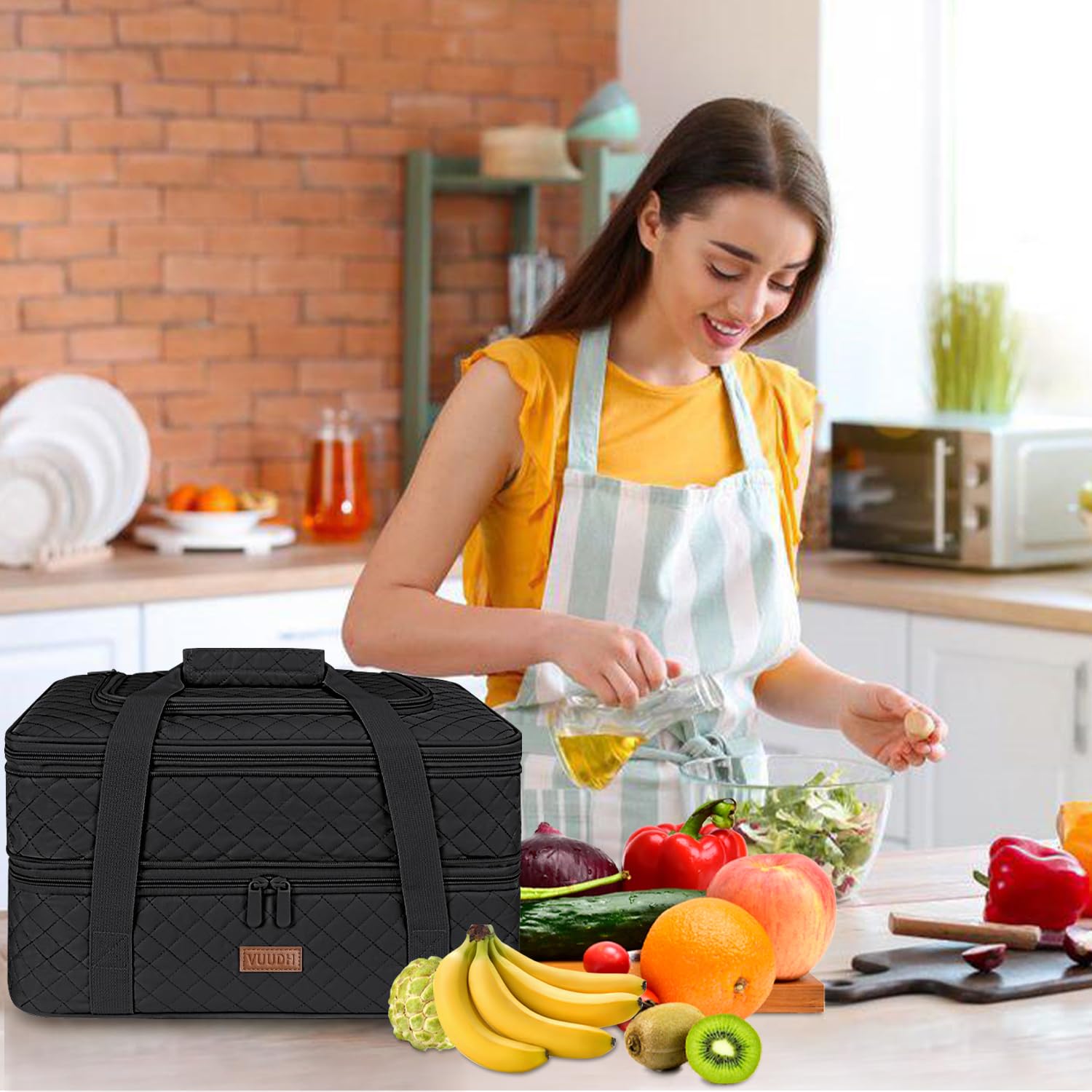 Vuudh Quilted Double Decker Casserole Carrier - Expandable Dish Carrying Case for Hot or Cold Food, Lasagna Holder for Potluck Parties, Picnic, Beach, Fits 9"×13" Baking Dish (Black)