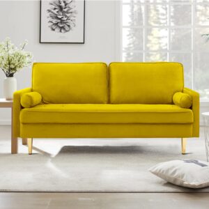 PEIHONGET 67" Mid Century Modern Loveseat Sofa, 2-Seater Velvet Tufted Love Seat Couch with Bolster Pillows, Golden Frosted Legs for Small Space, Living Room, Apartment, Bedroom (Yellow)