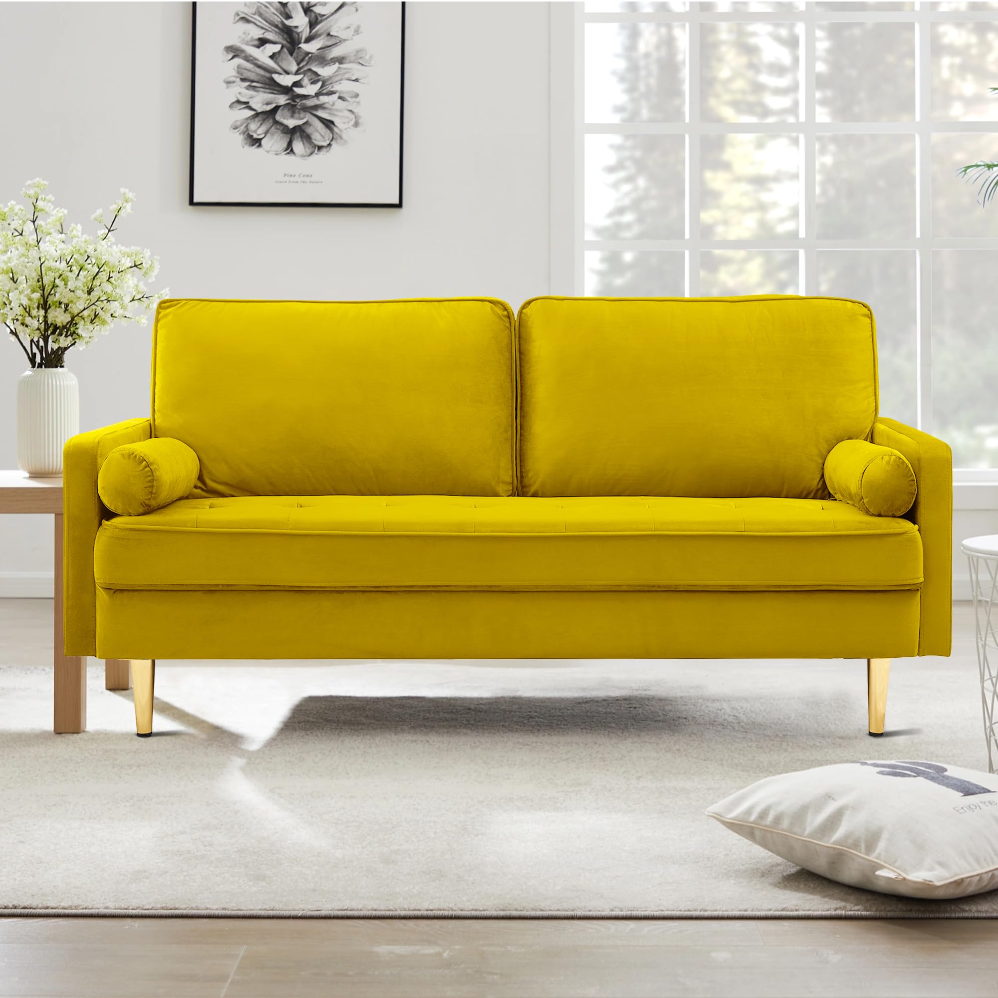 PEIHONGET 67" Mid Century Modern Loveseat Sofa, 2-Seater Velvet Tufted Love Seat Couch with Bolster Pillows, Golden Frosted Legs for Small Space, Living Room, Apartment, Bedroom (Yellow)