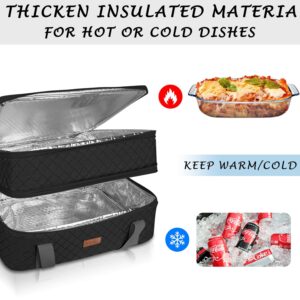 Vuudh Quilted Double Decker Casserole Carrier - Expandable Dish Carrying Case for Hot or Cold Food, Lasagna Holder for Potluck Parties, Picnic, Beach, Fits 9"×13" Baking Dish (Black)