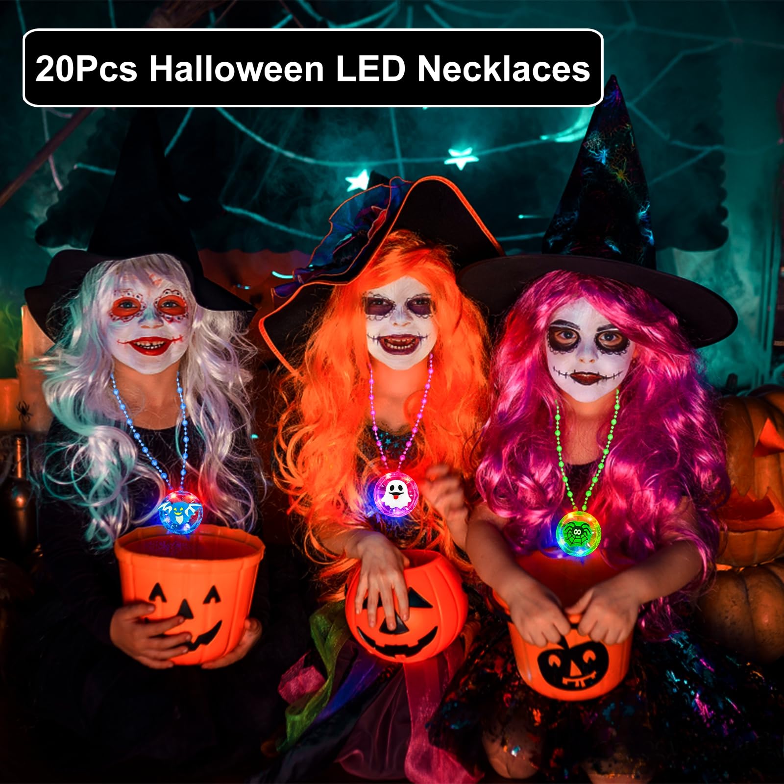 AMENON 20 Pcs Halloween Party Favors for Kids, 10 Styles LED Light Up Necklaces Halloween Toys Gifts Spider Ghost Glow in the Dark Trick or Treat Toys Party Supplies Halloween Treat Goodie Bag Fillers