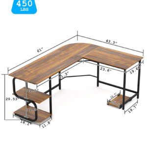 Teraves Reversible L Shaped Desk with Large Surface, 61 Inch Sturdy Corner Desk with Storage Shelves, Premium Office Computer Desk Workstation for Home Office Gaming