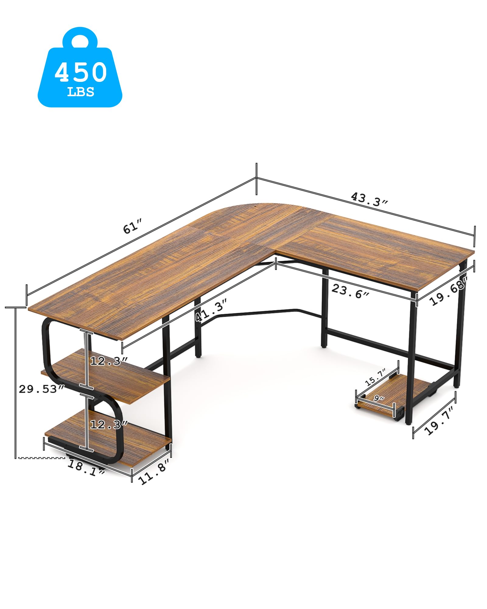 Teraves Reversible L Shaped Desk with Large Surface, 61 Inch Sturdy Corner Desk with Storage Shelves, Premium Office Computer Desk Workstation for Home Office Gaming