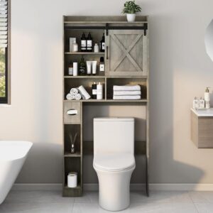 over the toilet storage cabinet, farmhouse storage cabinet over toilet with sliding barn door & toilet paper holder stand，home space-saving toilet rack, for bathroom, restroom, laundry