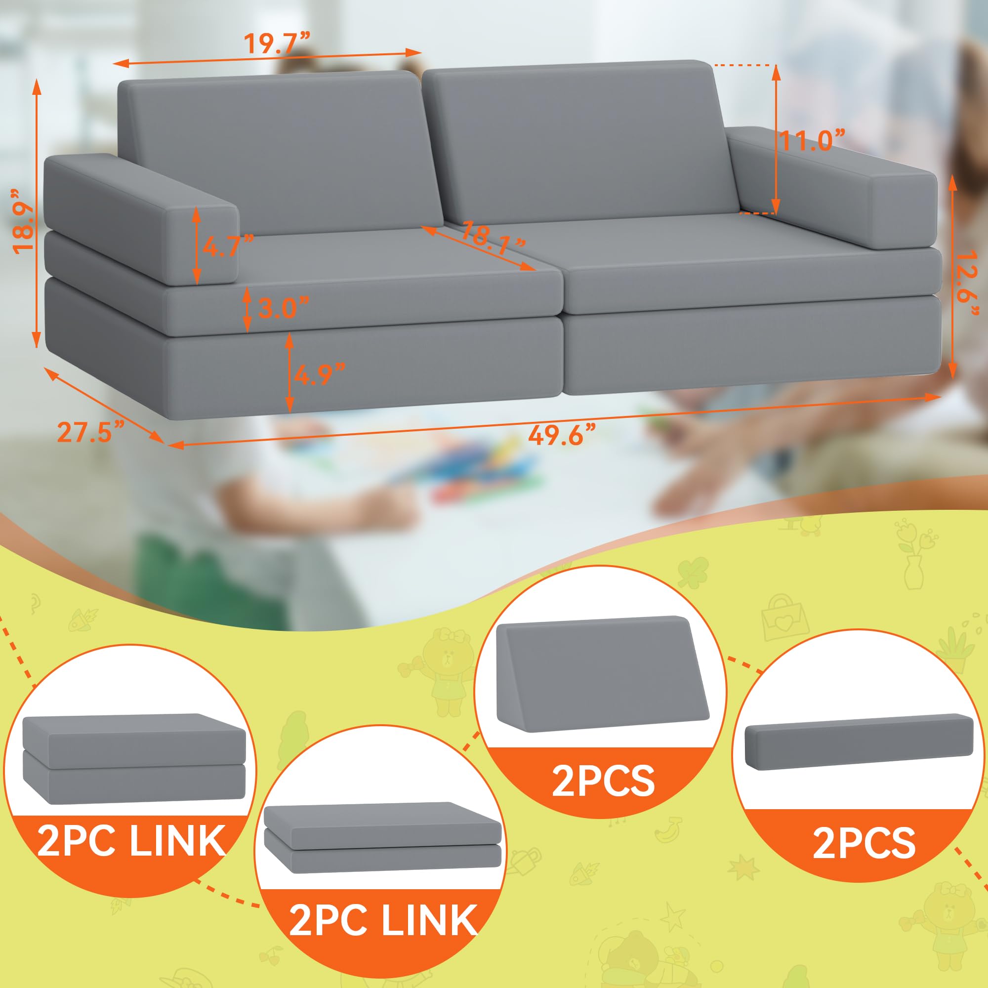 SENSWEET Kids Couch 8PCS, Modular Couch Kids for Playroom Bedroom, Multifunctional Kids Couch Toddler Sofa for Indoor Outdoor,Style1,Medium