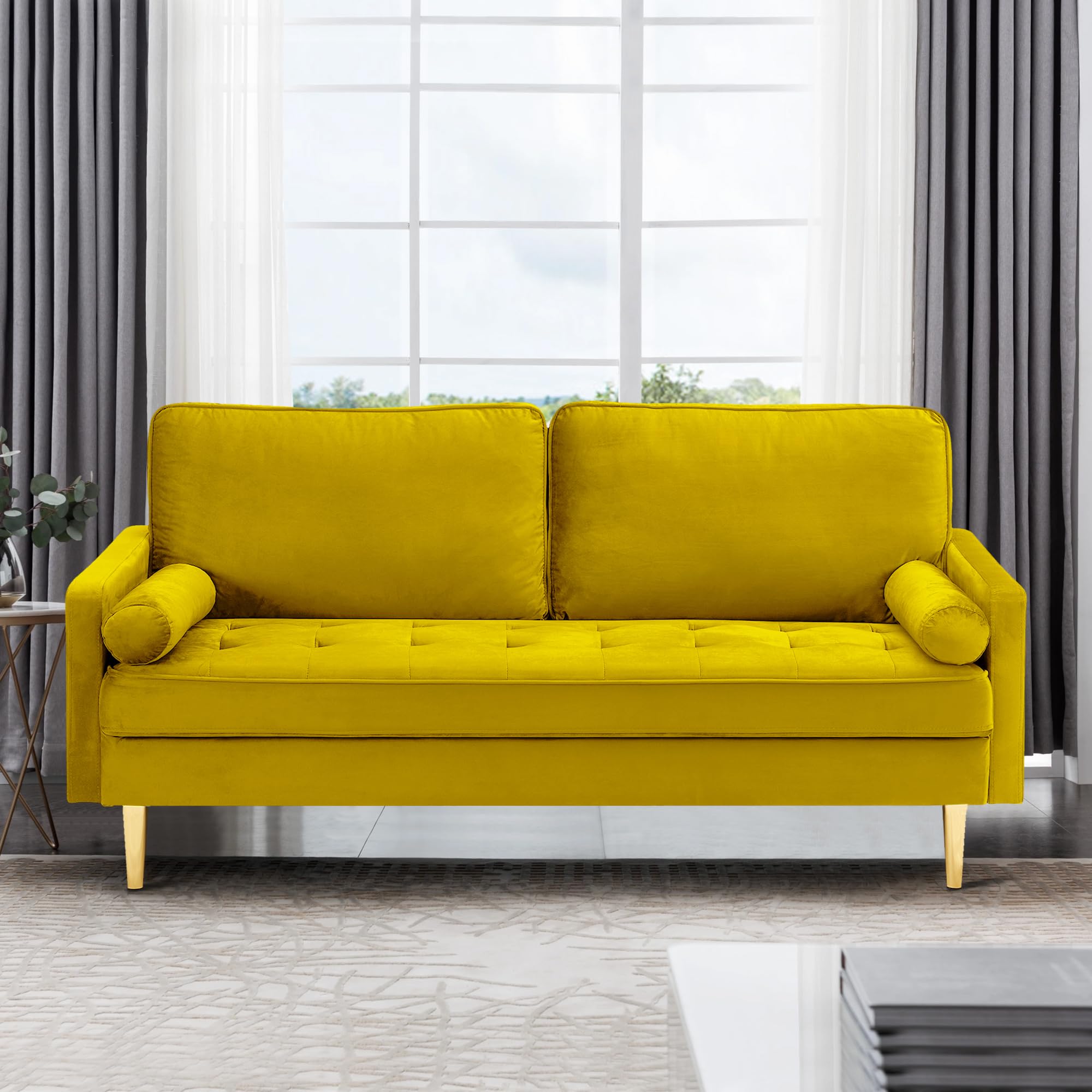 PEIHONGET 67" Mid Century Modern Loveseat Sofa, 2-Seater Velvet Tufted Love Seat Couch with Bolster Pillows, Golden Frosted Legs for Small Space, Living Room, Apartment, Bedroom (Yellow)