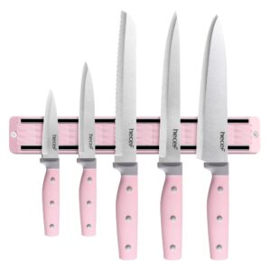 hecef kitchen knife set with magnetic strip, 6 pcs professional knives set for kitchen, 13-inch magnetic strip stainless steel sharp chef knife set with pink handle for cutting meat & vegetable