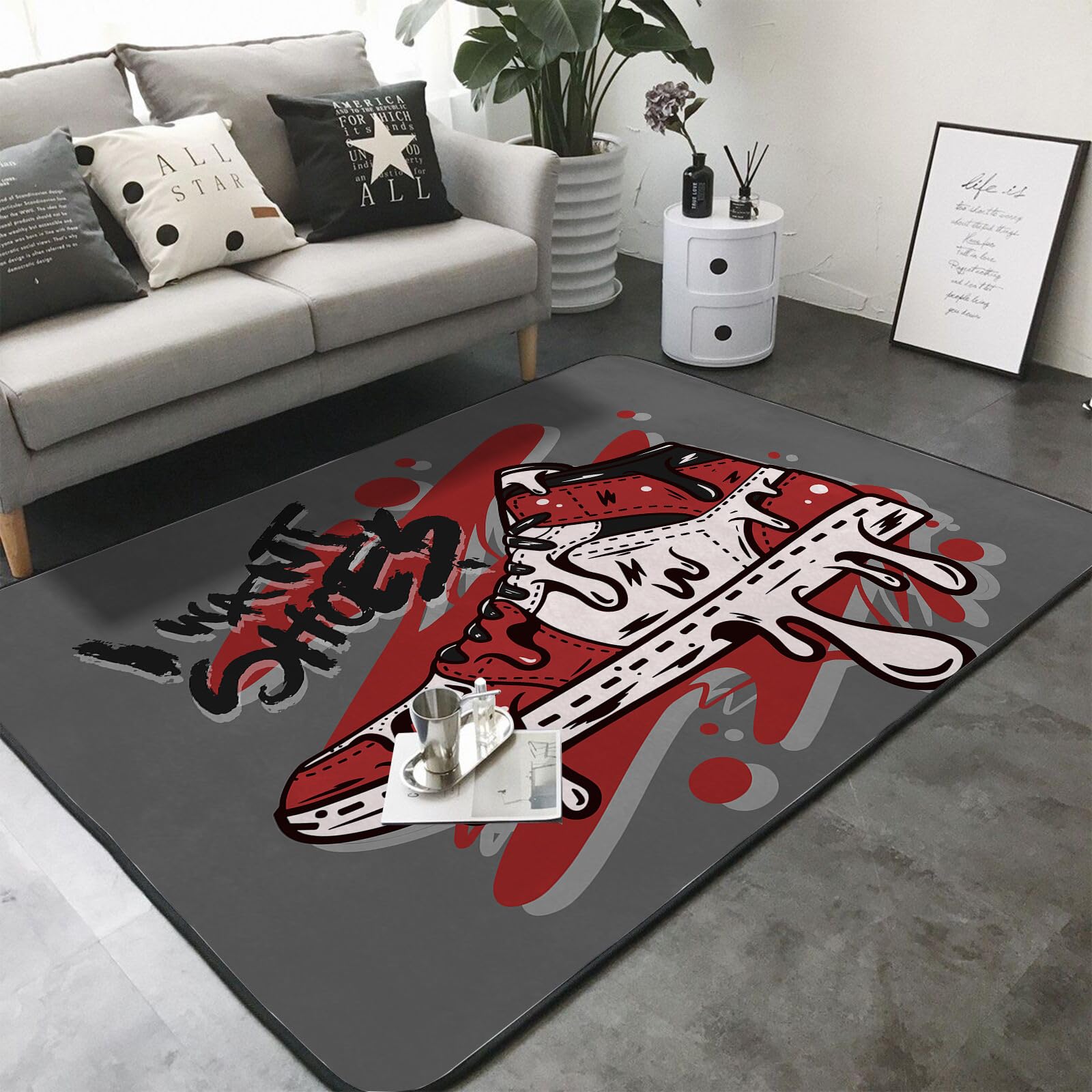 Washable Area Sponge Rug Pad for Girls Boys Bedroom Living Room Retro Basketball Shoes, Men Sneaker Sports Graffiti Non-Slip Carpet Super Soft Extra Thick Bathroom Dorm Home Indoor Small Floor Rugs