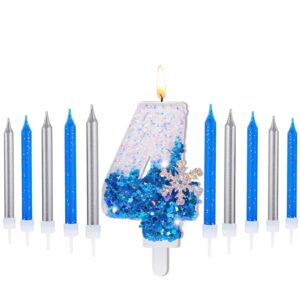 herdear 2.8" frozen birthday candles snowflake number candles with 10 pcs long thin candles blue number 0-9 for cake topper birthday frozen birthday supplies(number 4)