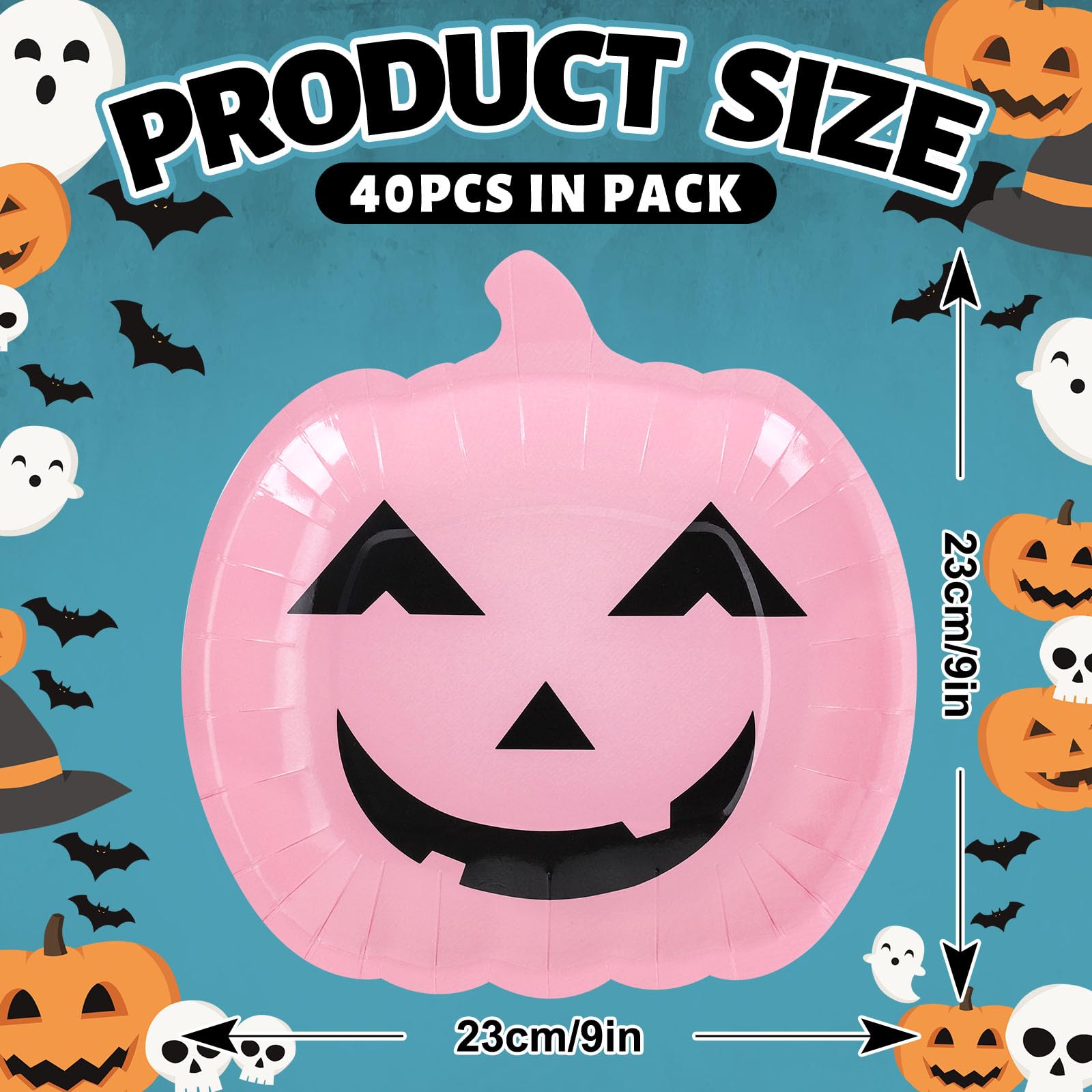 Whaline 40Pcs Halloween Paper Plates Pink Pumpkin Shaped Disposable Plates Cute Grimace Pumpkin Pattern Decorative Plates for Halloween Holiday Birthday Party Baby Shower Dinner Tableware Supplies