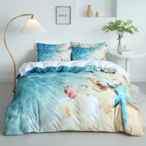 beach duvet cover king, 3 pieces soft lightweight microfiber duvet cover set, 3d beach ocean bedding comforter cover set with zipper ties, 1 duvet cover and 2 pillowcases, no comforter