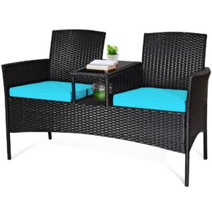 costway 2-seat patio conversation sets, outdoor patio loveseat set with removable cushions & built-in coffee table for backyard, garden, lawn, balcony, black+turquoise