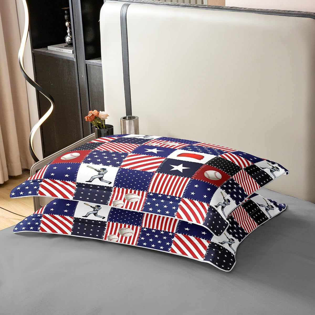 Castle Fairy Baseball Theme 100% Cotton Duvet Cover,Red Blue Geometric Stripe Check Breathable Comforter Cover,American Flag Stars Pattern Bedding Set 3 Pcs with Zipper Closure Queen Size