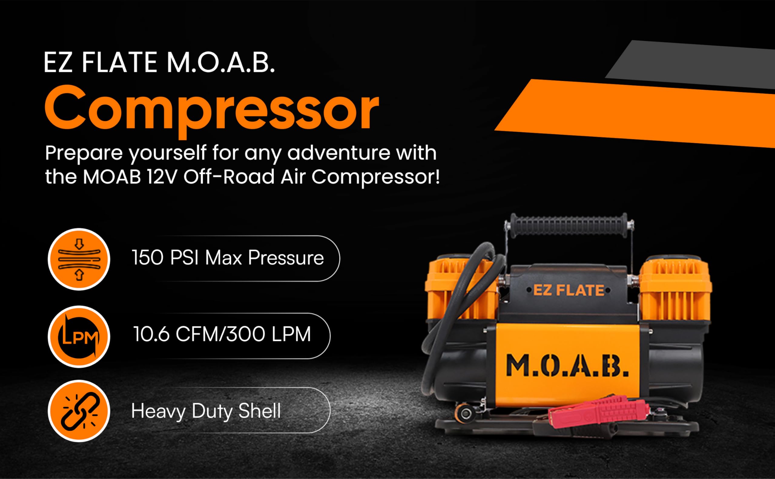 EZ FLATE M.O.A.B. Dual Air Compressor for 4x4 Offroad Vehicles, Fast Inflation, 12V Power, Easy to Use, Storage Bag