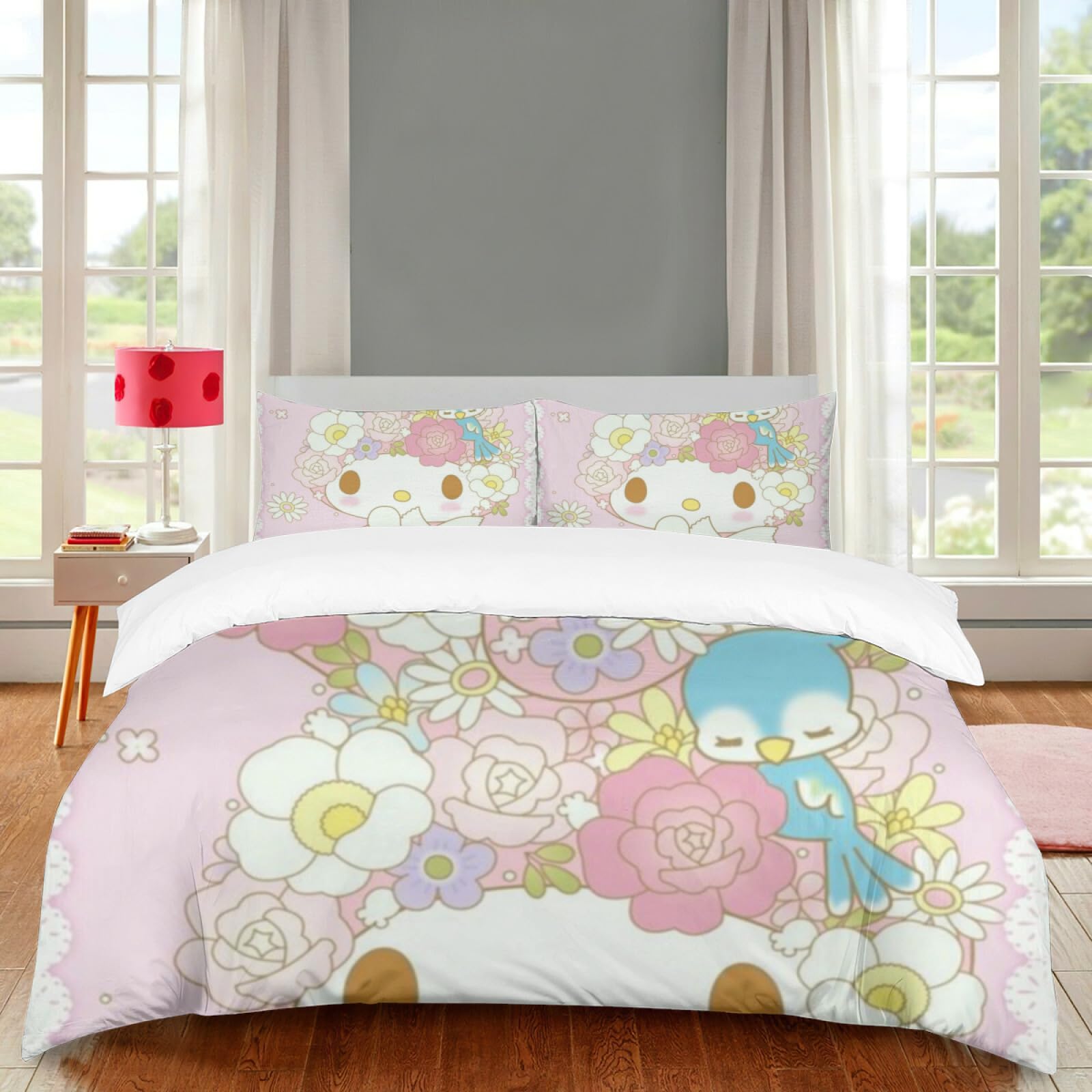 DIEZ Anime My Bunny Melody 3-Piece Duvet Cover Melody Kawaii Bedding Set Ultra Soft Reversible Breathable 3D Printed Microfiber Comforter Set,1 Bed Cover and 2 Pillowcases, Full