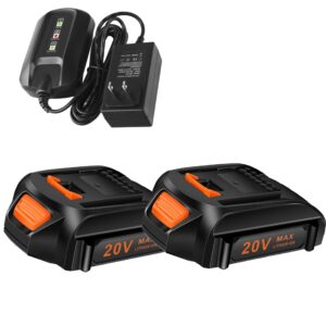 20v 2packs replacement battery and charger starter kit， cell9102 wa3520 lithium battery and charger wa3742 compatible with worx 20-volt cordless power tools