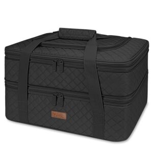 vuudh quilted double decker casserole carrier - expandable dish carrying case for hot or cold food, lasagna holder for potluck parties, picnic, beach, fits 9"×13" baking dish (black)